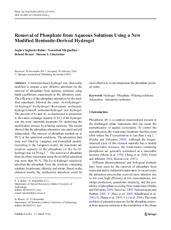 (PDF) Removal of Phosphate from Aqueous Solutions Using a New Modified Bentonite-Derived Hydrogel