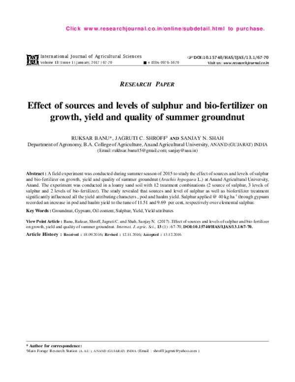 Pdf Effect Of Sources And Levels Of Sulphur And Bio Fertilizer On