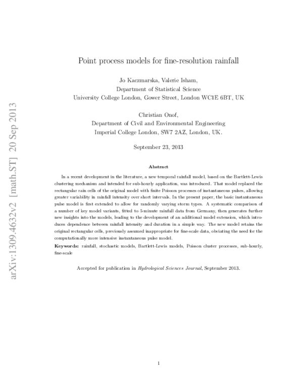 (PDF) Point process models for fine-resolution rainfall