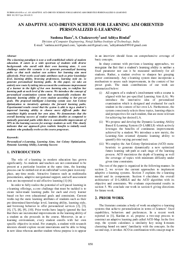 (PDF) An Adaptive Aco-Driven Scheme for Learning Aim Oriented Personalized E-Learning