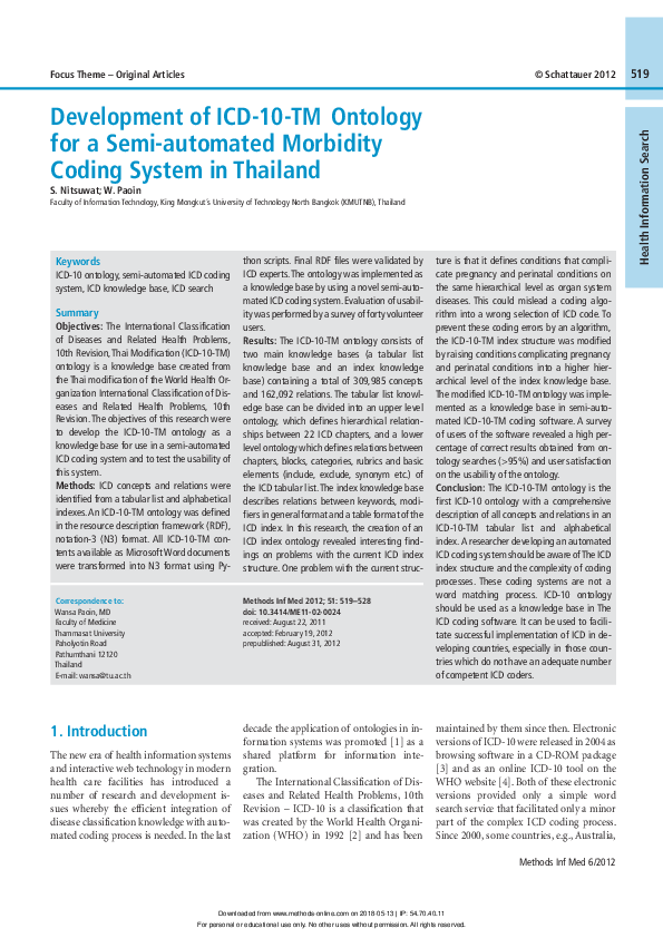 (PDF) Development of ICD-10-TM Ontology for a Semi-automated Morbidity Coding System in Thailand