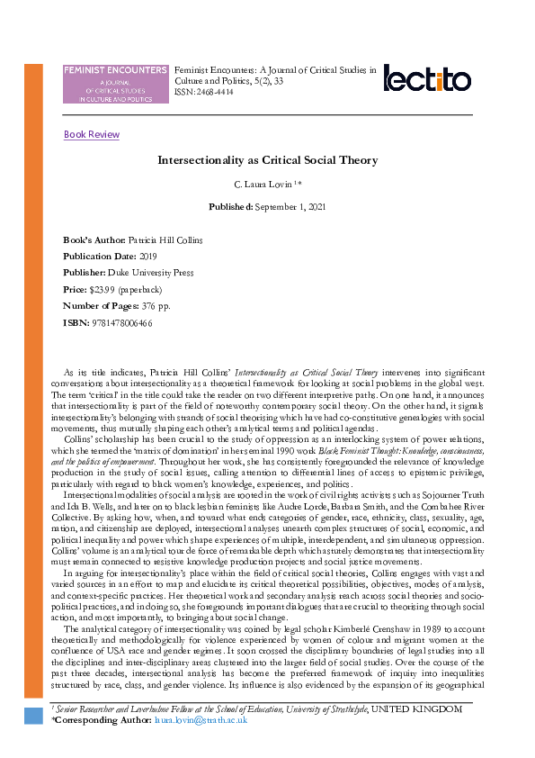 (PDF) Book Review: Intersectionality as Critical Social Theory by ...