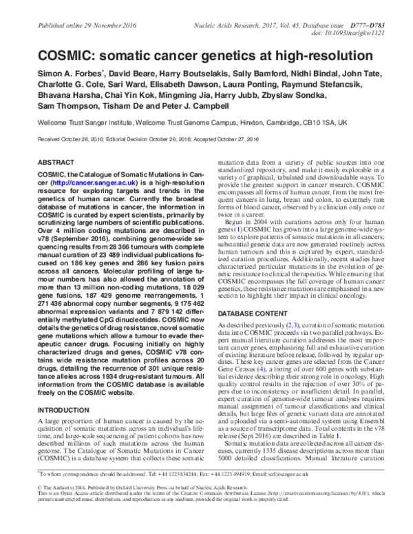 (PDF) COSMIC: somatic cancer genetics at high-resolution