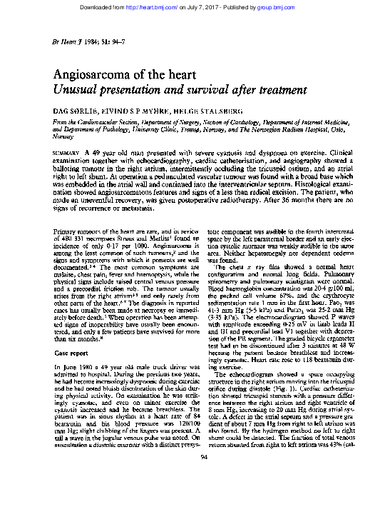 (PDF) Angiosarcoma of the heart. Unusual presentation and survival after treatment