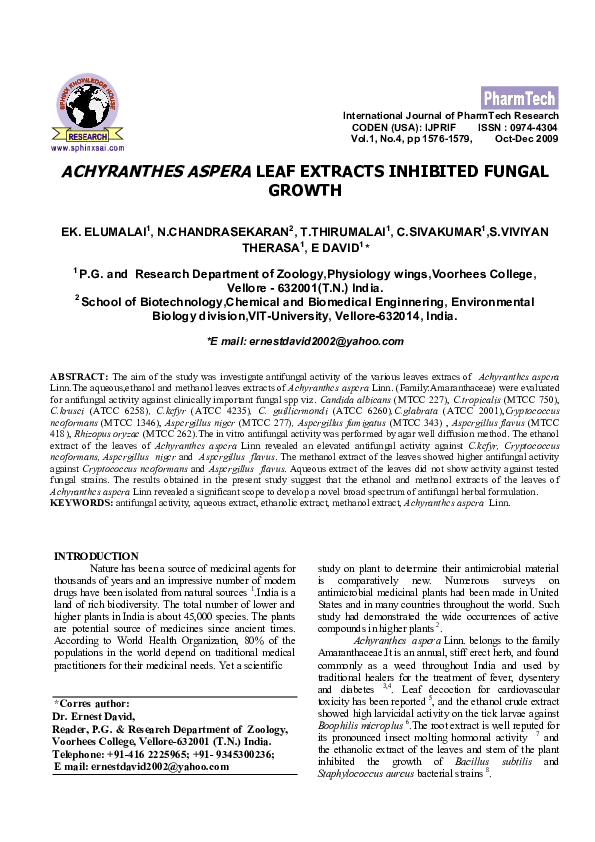 (PDF) Achyranthes aspera leaf extracts inhibited fungal growth