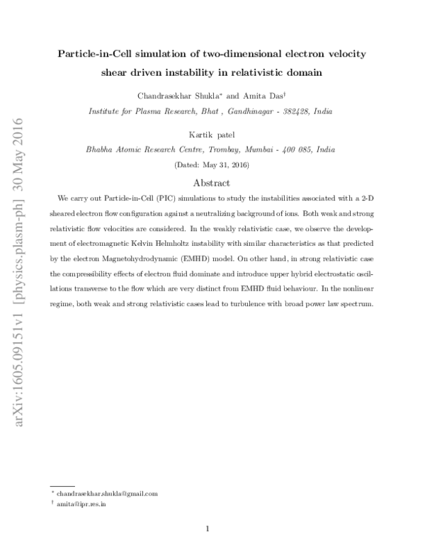 (PDF) Particle-in-cell simulation of two-dimensional electron velocity shear driven instability ...