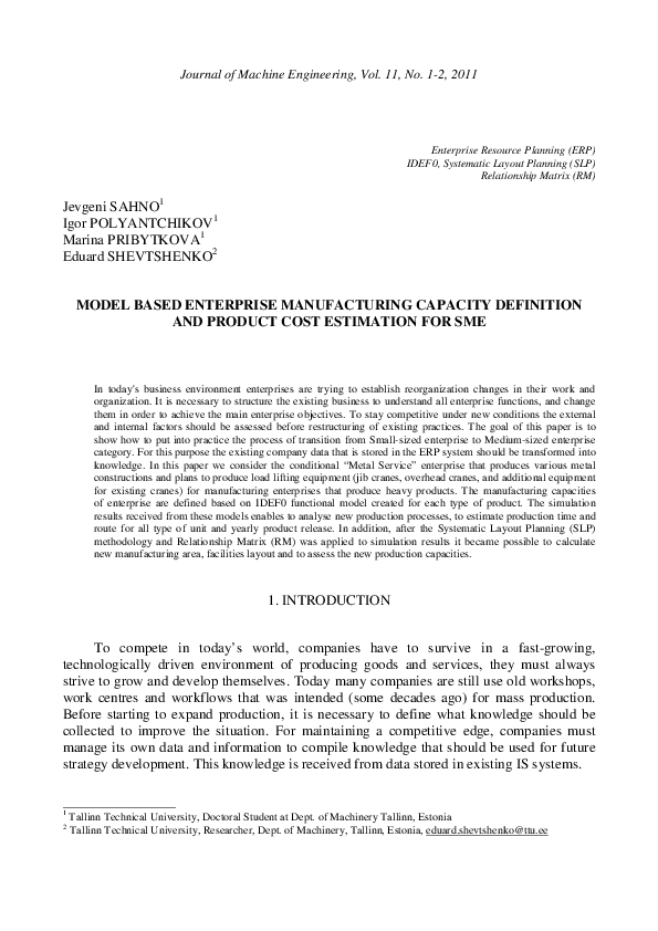 (PDF) Model based enterprise manufacturing capacity definition and ...