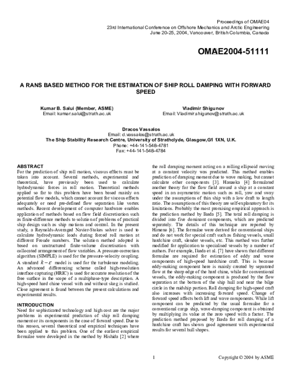 (PDF) A RANS Based Method for the Estimation of Ship Roll Damping With ...