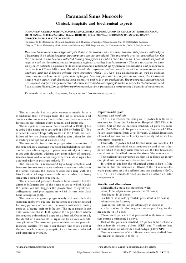 (PDF) Paranasal Sinus Mucocele Clinical, imagistic and biochemical aspects