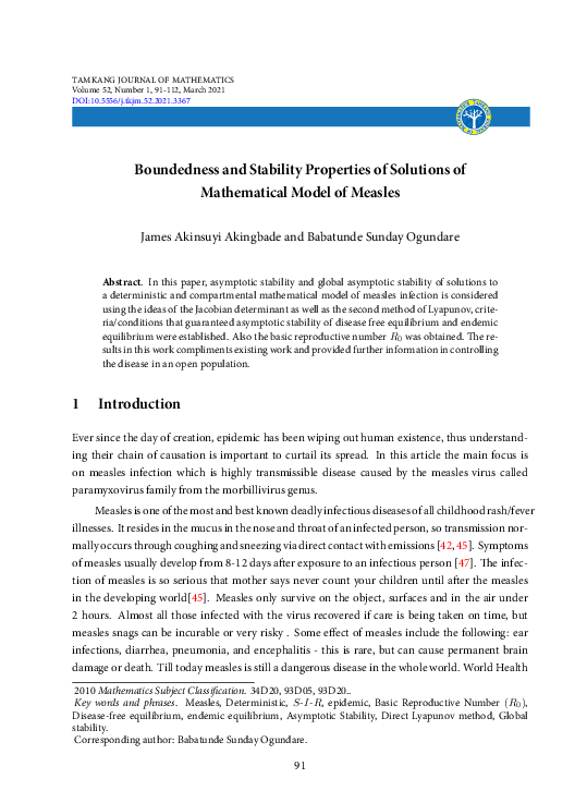 (PDF) Boundedness and Stability Properties of Solutions of Mathematical Model of Measles