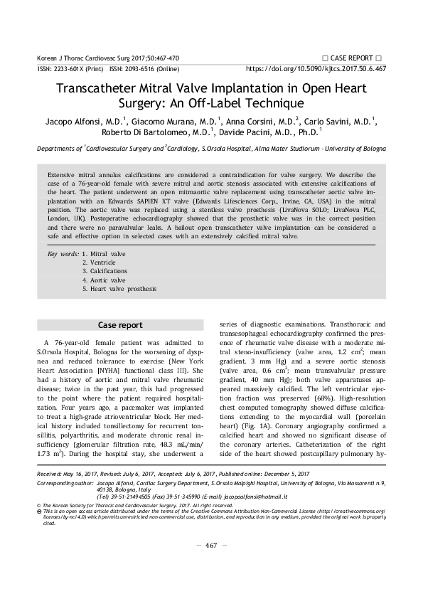 (PDF) Transcatheter Mitral Valve Implantation in Open Heart Surgery: An Off-Label Technique