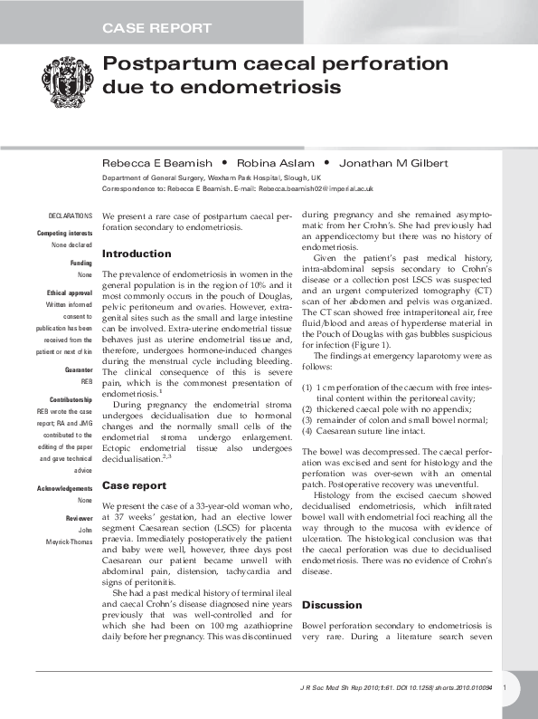 (PDF) Postpartum caecal perforation due to endometriosis | robina aslam ...