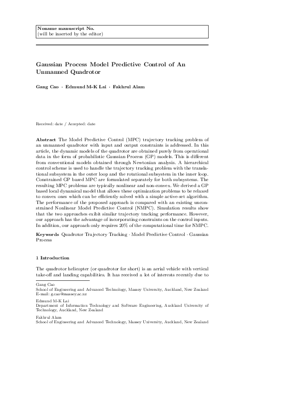 (PDF) Gaussian Process Model Predictive Control of an Unmanned Quadrotor