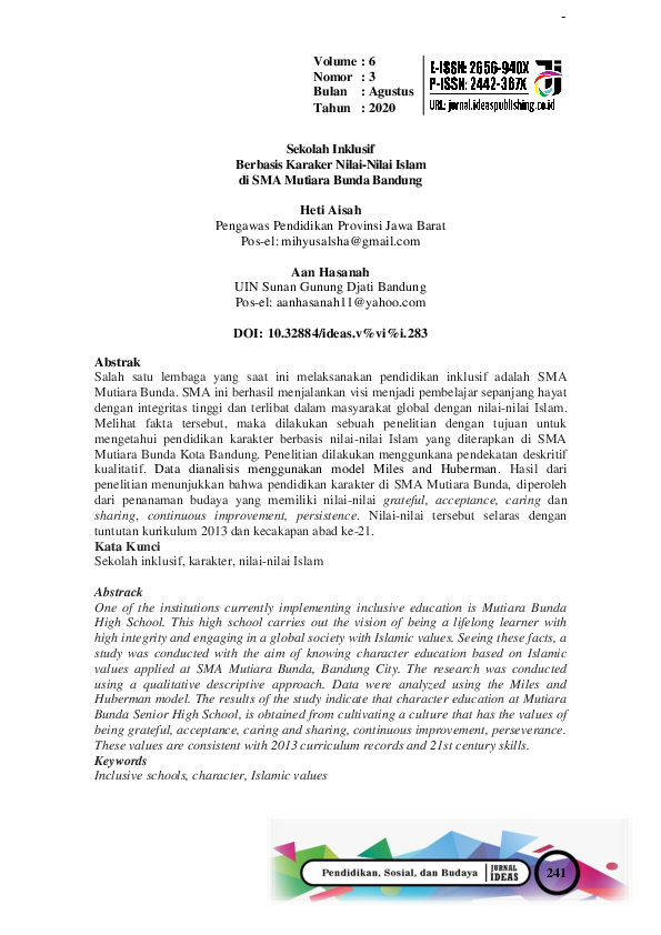 (PDF) Sekolah Inklusif Berbasis Karaker Nilai-Nilai Islam di SMA Mutiara Bunda Bandung | heti ...