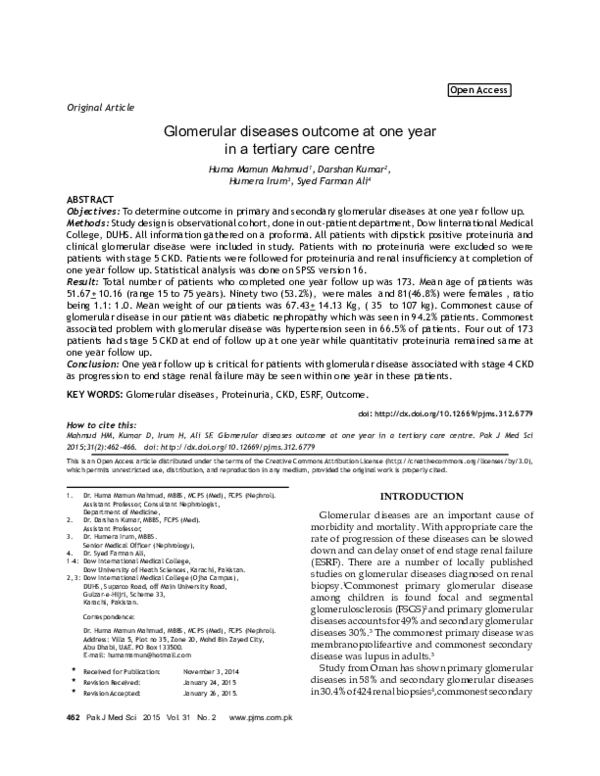 (PDF) Glomerular diseases outcome at one year in a tertiary care centre
