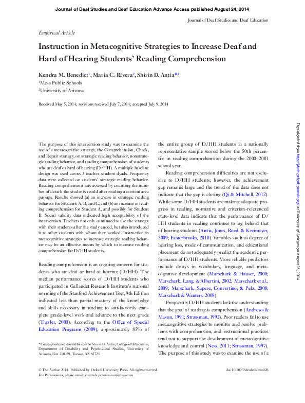 (PDF) Instruction in Metacognitive Strategies to Increase Deaf and Hard ...