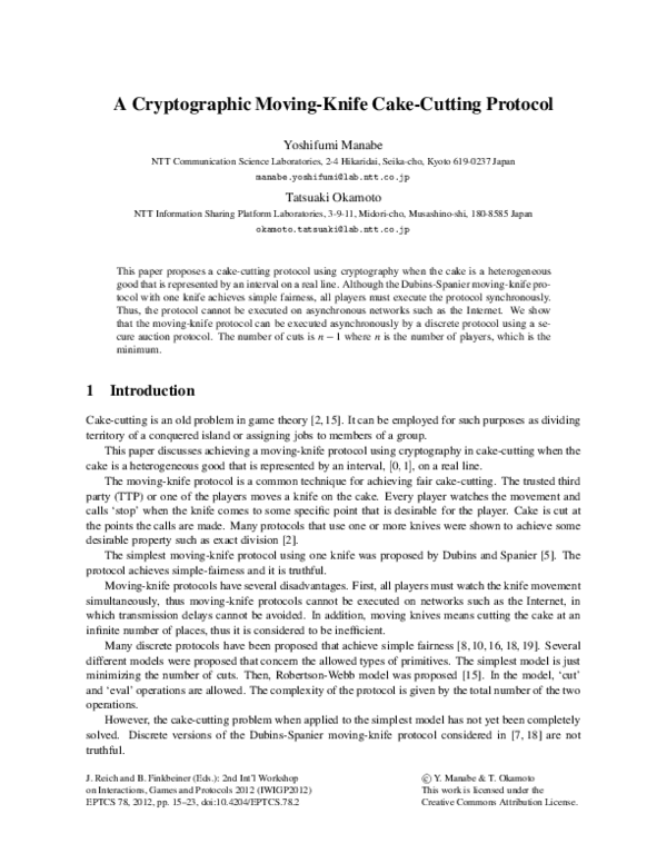 (PDF) A Cryptographic Moving-Knife Cake-Cutting Protocol