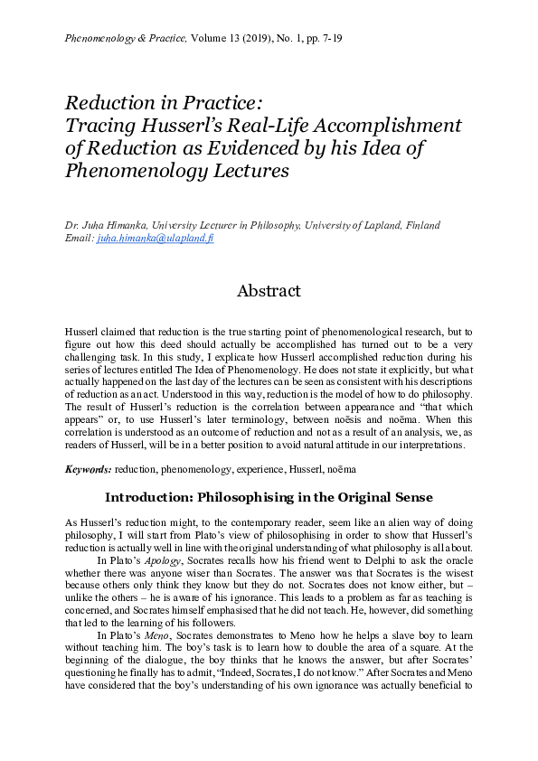 (PDF) Reduction in Practice: Tracing Husserl's Real-Life Accomplishment ...