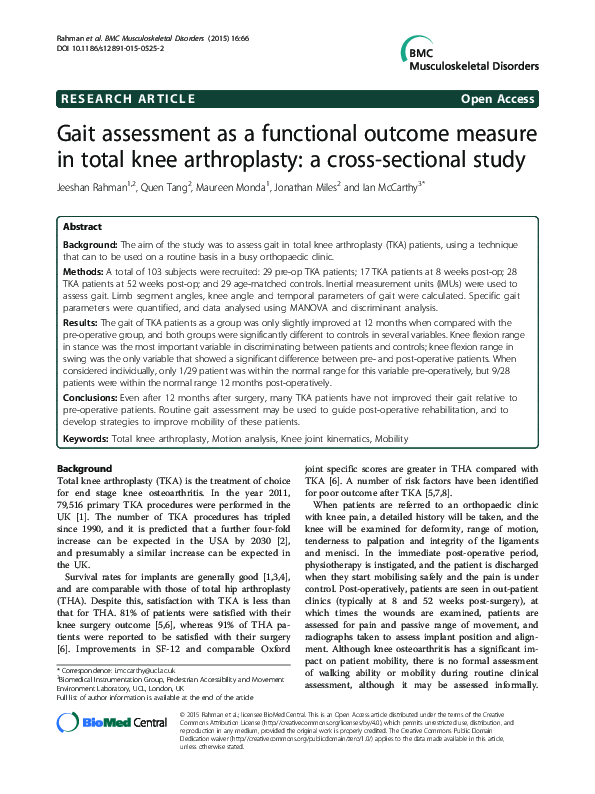 (PDF) Gait assessment as a functional outcome measure in total knee ...