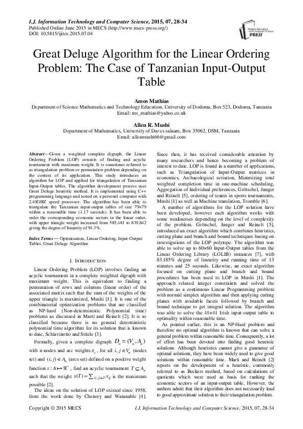 (PDF) Great Deluge Algorithm for the Linear Ordering Problem: The Case of Tanzanian Input-Output ...