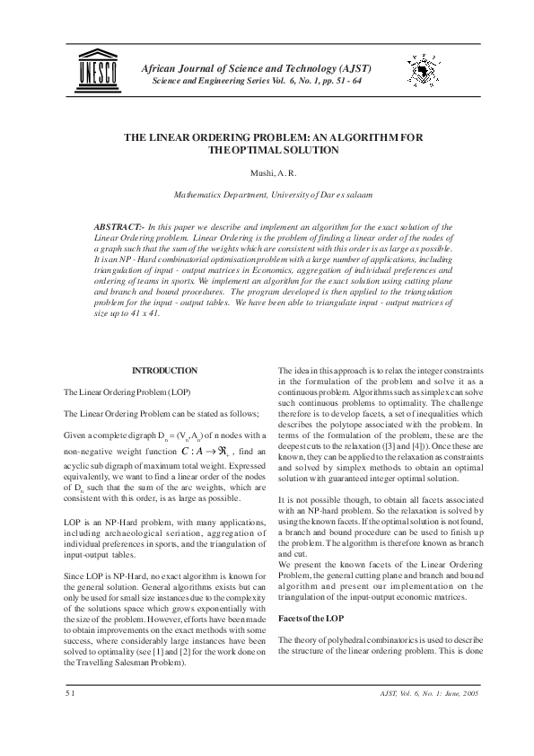Pdf The Linear Ordering Problem An Algorithm For The Optimal Solution