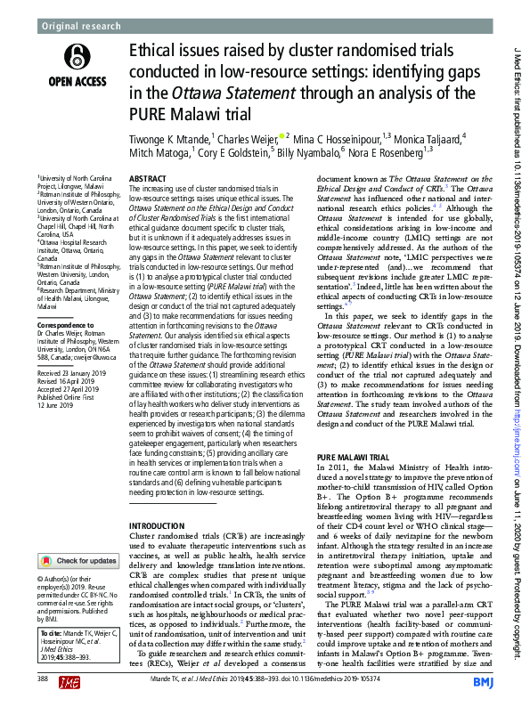 (PDF) Ethical issues raised by cluster randomised trials conducted in ...