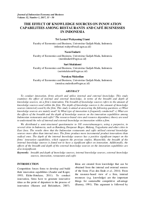 (PDF) The Effect of Knowledge Sources on Innovation Capabilities Among Restaurants and Café ...