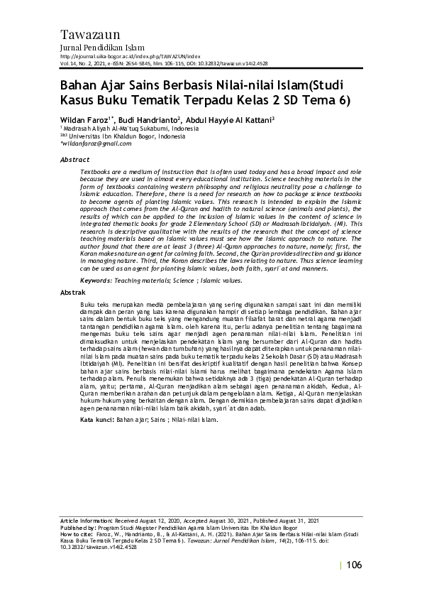 (PDF) Bahan Ajar Sains Berbasis Nilai-nilai Islam (Studi Kasus Buku Tematik Terpadu Kelas 2 SD ...
