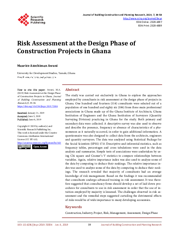 Pdf Risk Assessment At The Design Phase Of Construction Projects In Ghana