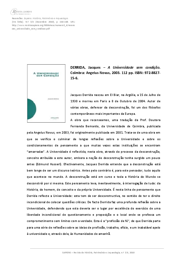 (PDF) DERRIDA, Jacques A Universidade sem condição. Coimbra: Angelus ...