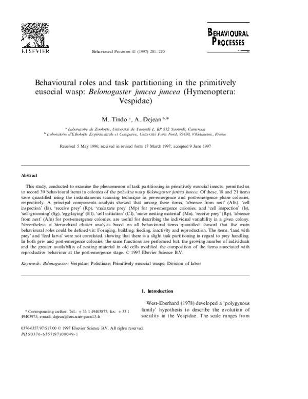 (PDF) Behavioural roles and task partitioning in the primitively ...