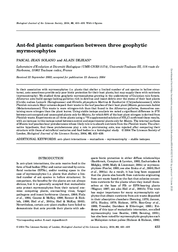 (PDF) Ant-fed plants: comparison between three geophytic myrmecophytes