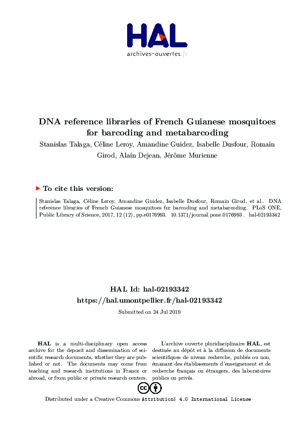 (PDF) DNA reference libraries of French Guianese mosquitoes for ...