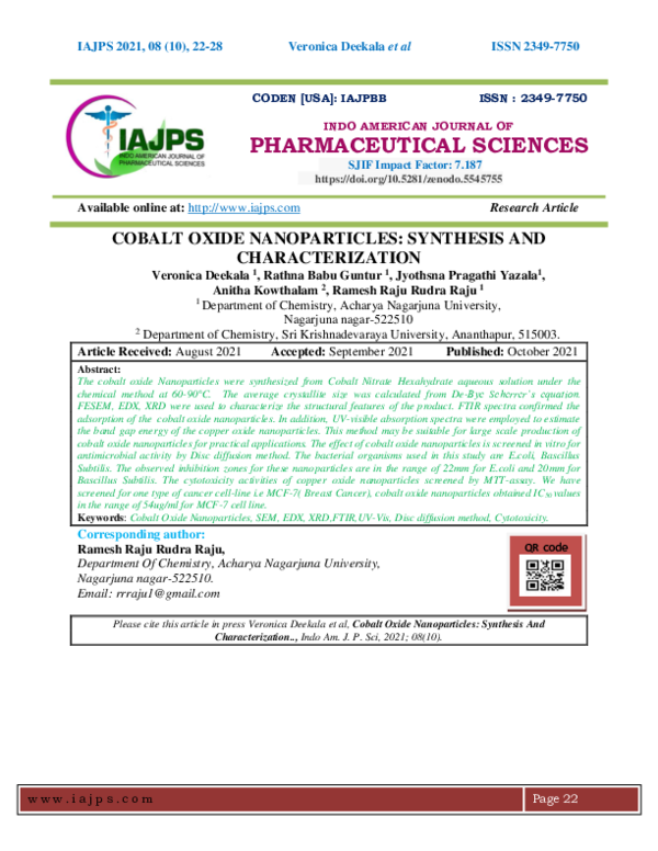 (PDF) COBALT OXIDE NANOPARTICLES: SYNTHESIS AND CHARACTERIZATION