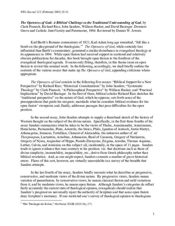 (PDF) The Openness of God: A Biblical Challenge to the Traditional ...