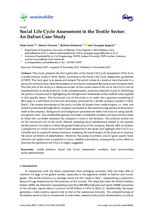 (PDF) Social Life Cycle Assessment in the Textile Sector: An Italian Case Study | Paola Lenzo ...