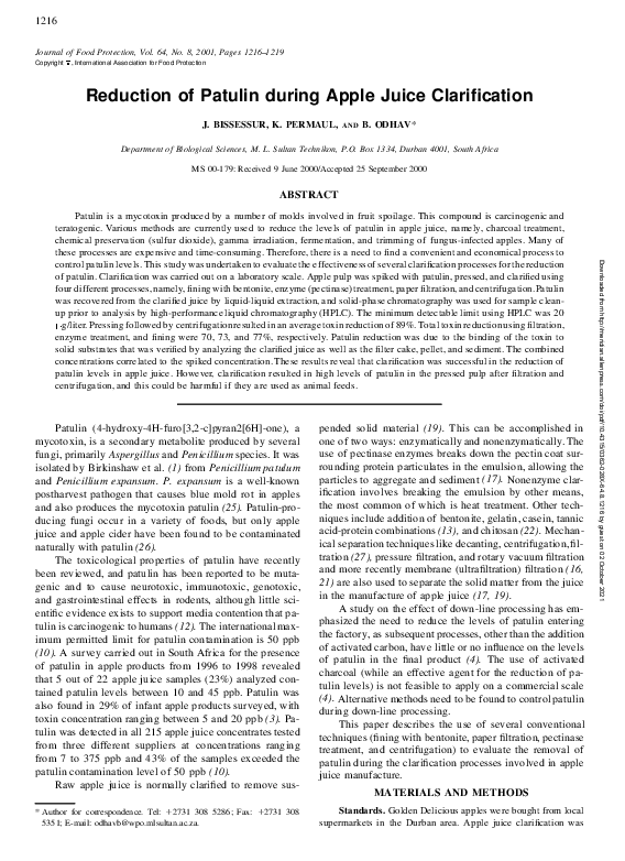 (PDF) Reduction of patulin during apple juice clarification