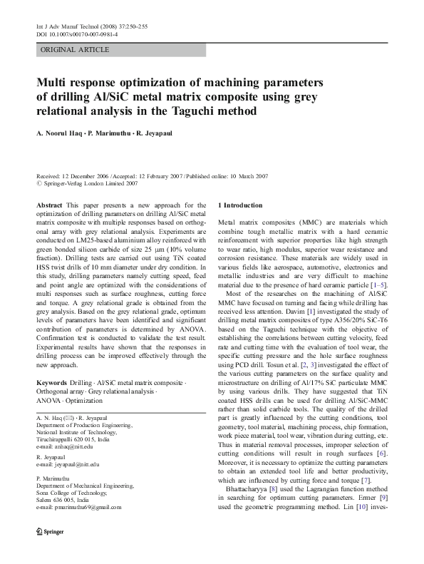 (PDF) Multi response optimization of machining parameters of drilling Al/SiC metal matrix ...