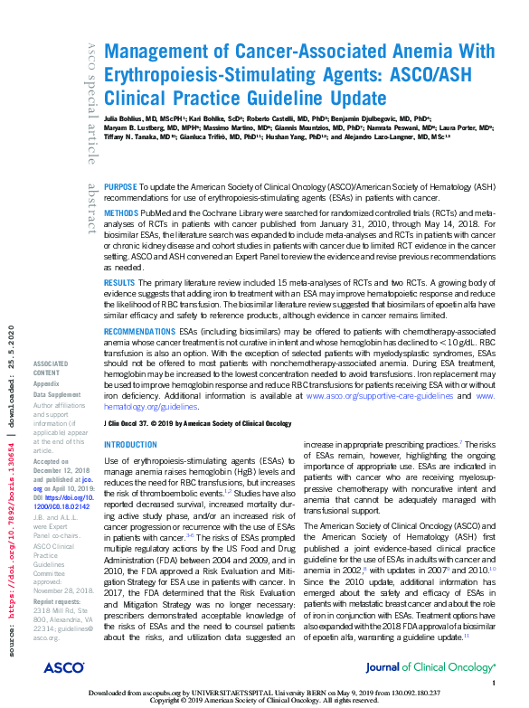 (PDF) Management of Cancer-Associated Anemia With Erythropoiesis-Stimulating Agents: ASCO/ASH ...