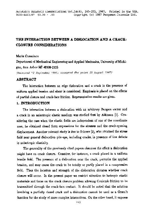 (PDF) The interaction between a dislocation and a crack: Closure considerations