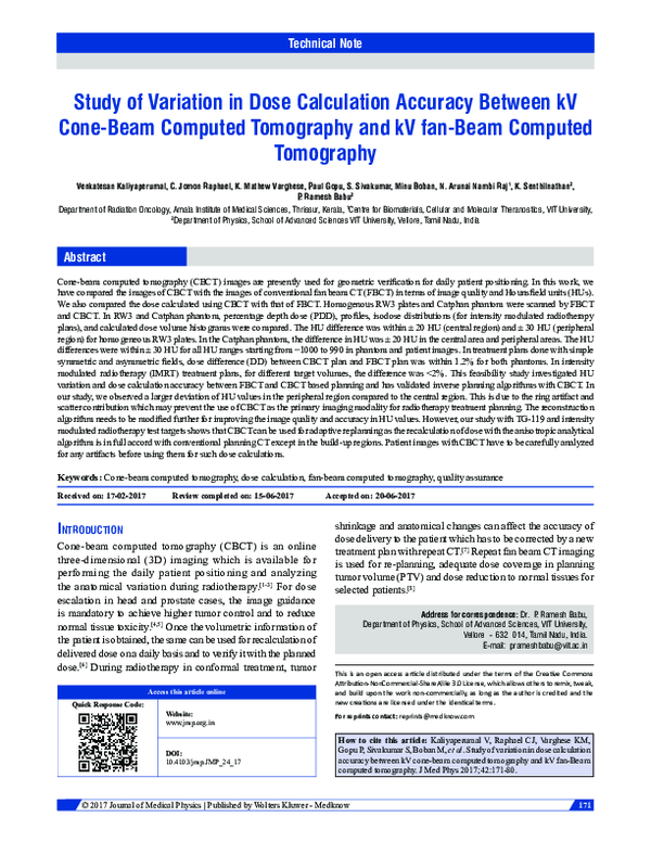 (PDF) Study of variation in dose calculation accuracy between kV cone-beam computed tomography ...