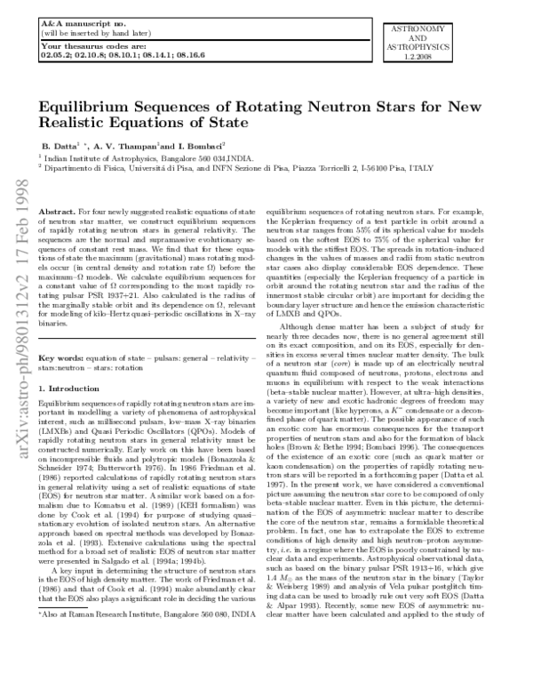 Pdf Equilibrium Sequences Of Rotating Neutron Stars For New Microscopic Equations Of State
