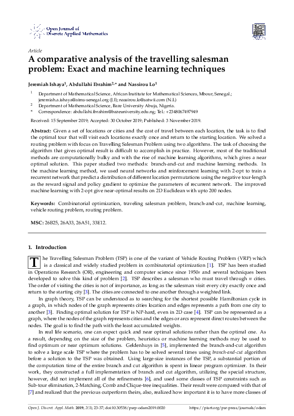 (PDF) A comparative analysis of the travelling salesman problem: Exact and machine learning ...