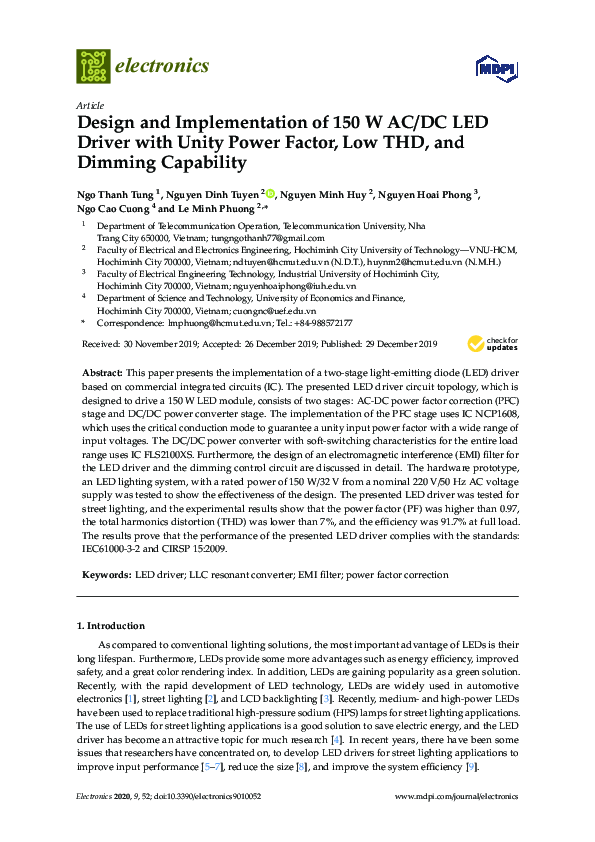 (PDF) Design and Implementation of 150 W AC/DC LED Driver with Unity Power Factor, Low THD, and ...