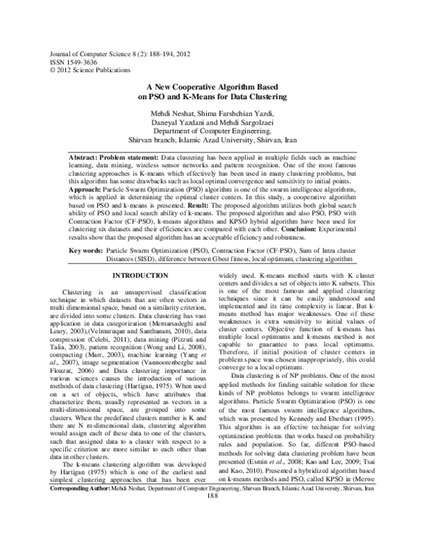 Pdf A New Cooperative Algorithm Based On Pso And K Means For Data Clustering 