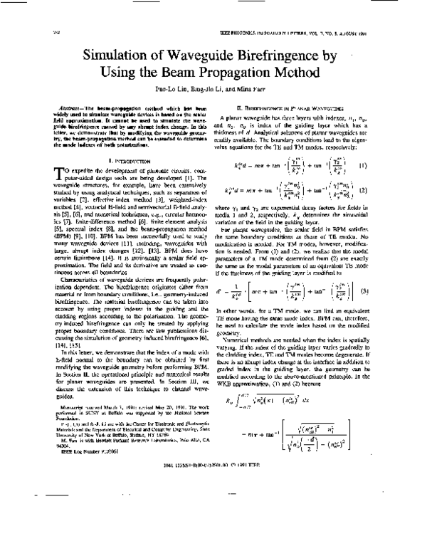 Pdf Simulation Of Waveguide Birefringence By Beam Propagation Method
