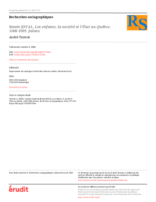 (PDF) Renée JOYAL, Les enfants, la société et l'État au Québec, 1608 ...