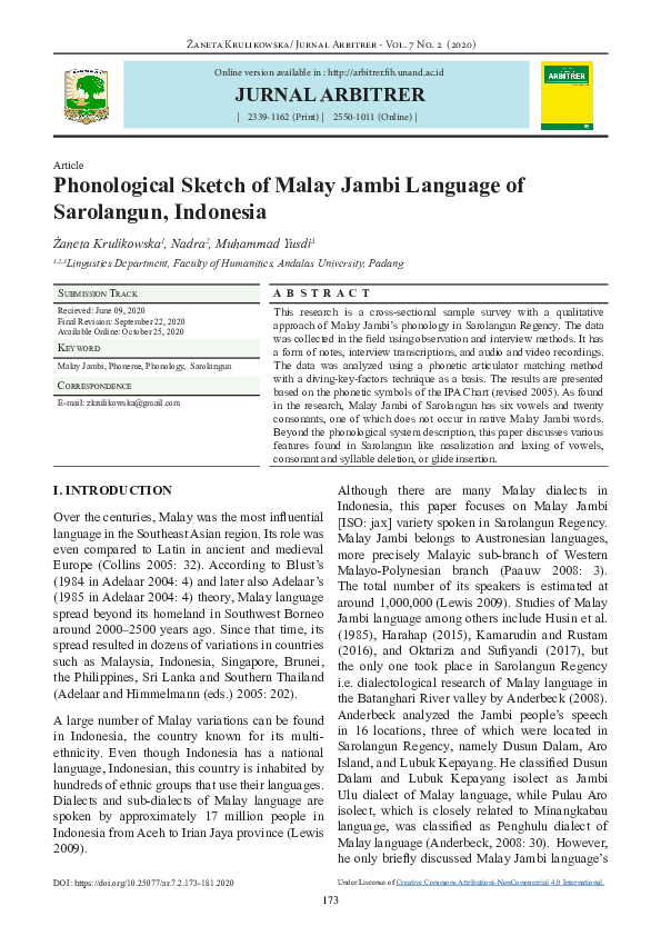 (PDF) Phonological Sketch of Malay Jambi Language of Sarolangun, Indonesia