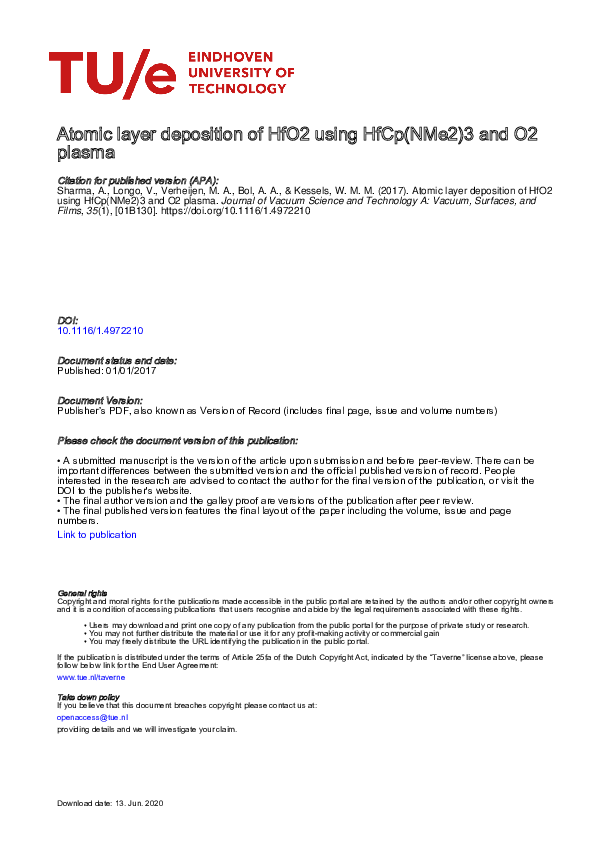 (PDF) Atomic layer deposition of HfO2 using HfCp(NMe2)3 and O2 plasma
