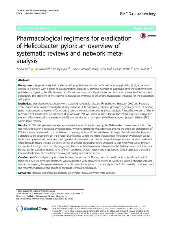 (PDF) Pharmacological regimens for eradication of Helicobacter pylori: an overview of systematic ...